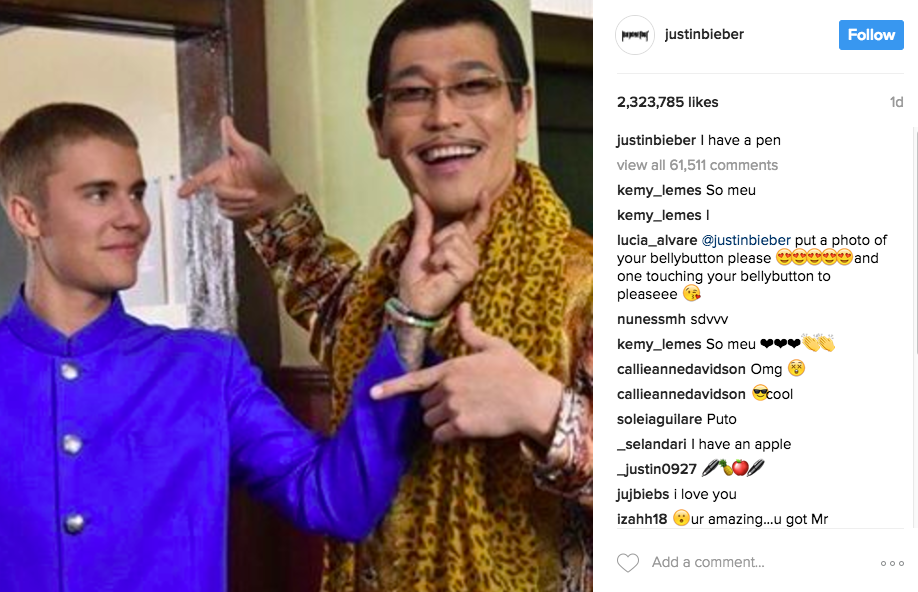 LOOK: Justin Bieber 'fanboys' over 'PPAP' singer Piko-Taro | Inquirer ...
