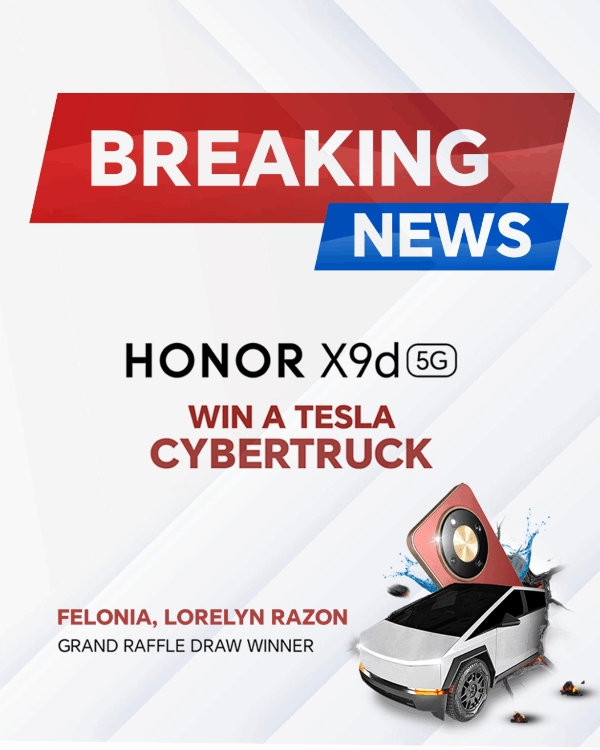 Breaking news: HONOR X9d 5G buyer wins brand-new Tesla Cybertruck